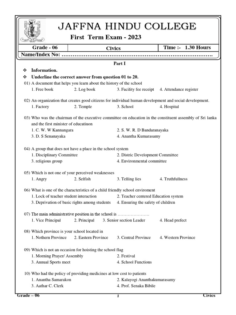 2023 Grade 06 Civics Education 1st Term Test Paper Jaffna Hindu College ...