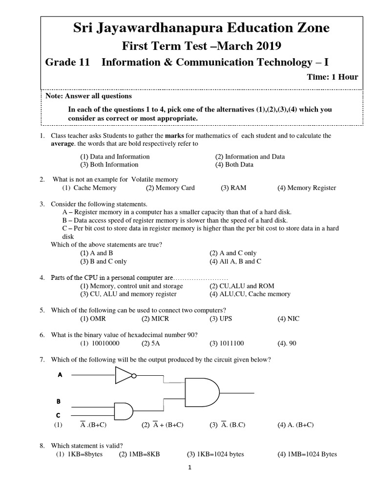 Grade 11 ICT First Term Test Paper | PDF | Computer Data Storage ...