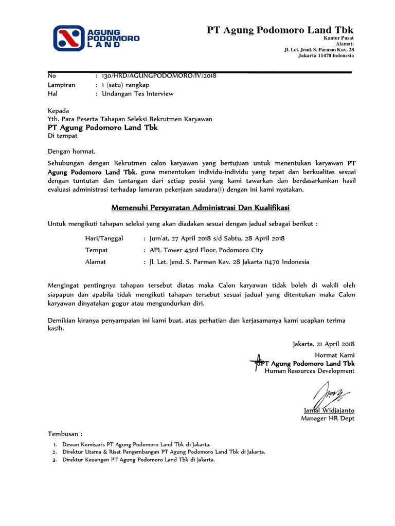 Surat Undangan Tes Seleksi Rekrutmen PT Agung Podomoro Land TBK | PDF Surat Undangan Tes Seleksi Rekrutmen PT Agung Podomoro Land TBK | PDF
