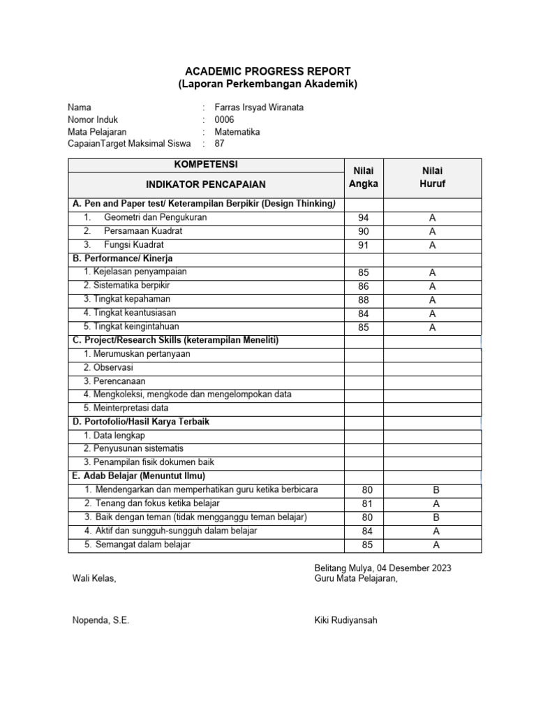 Rapor Akademik PTS Ganjil Kelas 9 MTK | PDF