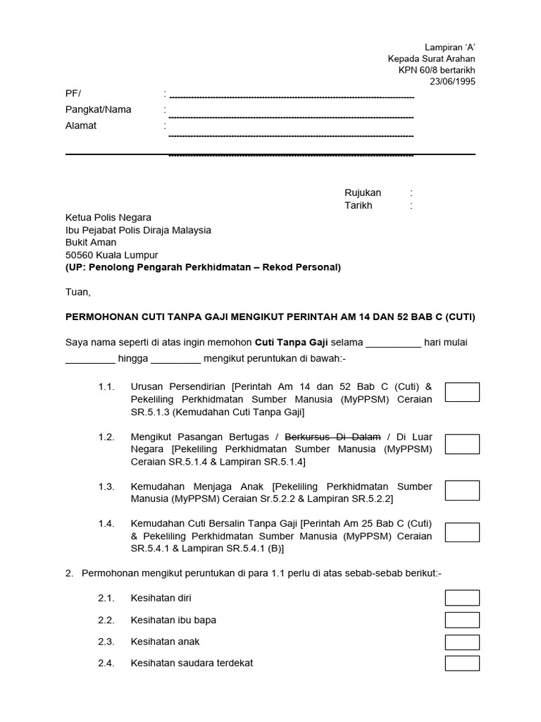 BORANG Lampiran A KPN 60.8 | PDF