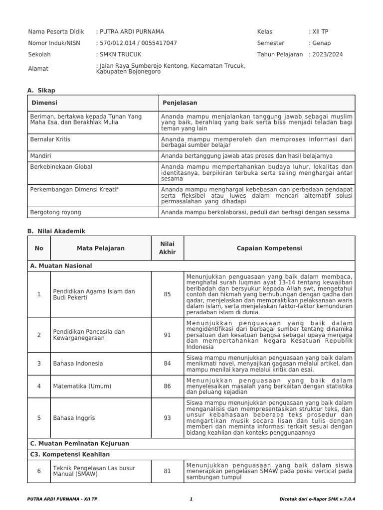 Rapor Putra Ardi Purnama - Xii TP | PDF