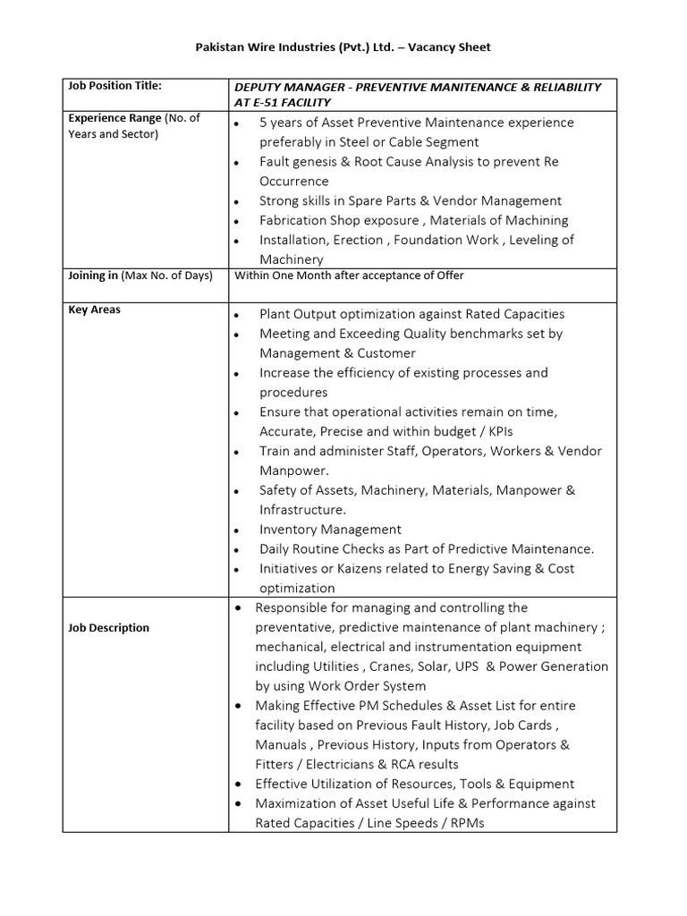 Deputy Manager Preventive Maintenance Job | PDF | Reliability ...