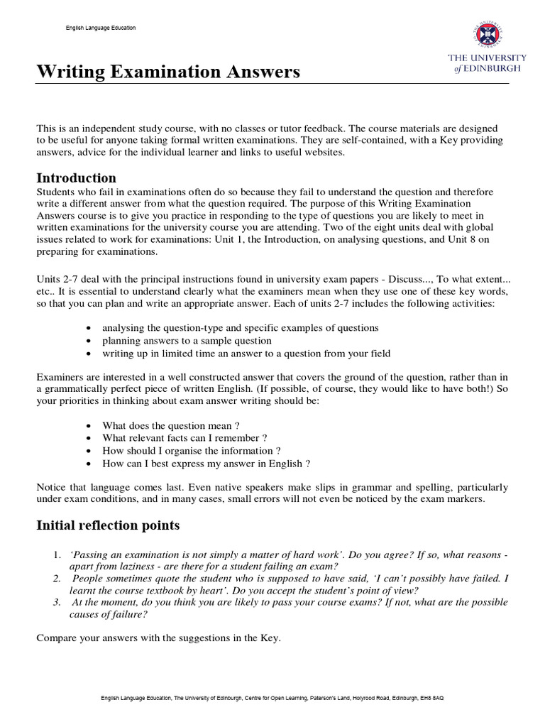 Writing Examination Answers | PDF | Question | Language Education