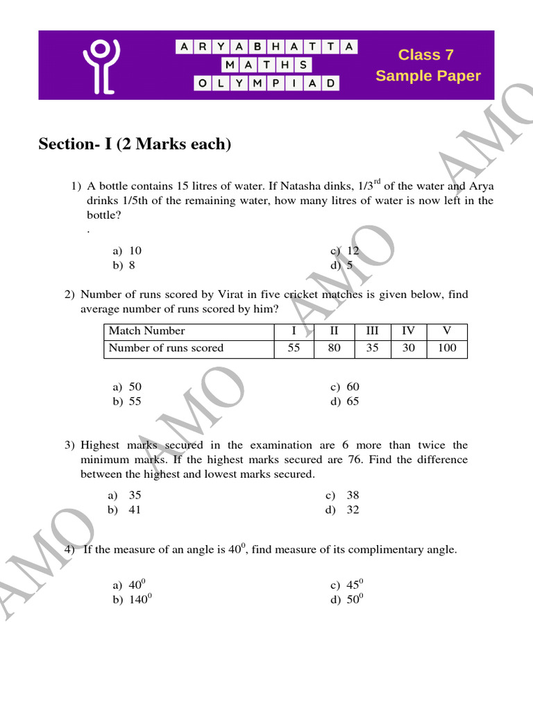 AMO Sample Paper - Class 7 | PDF