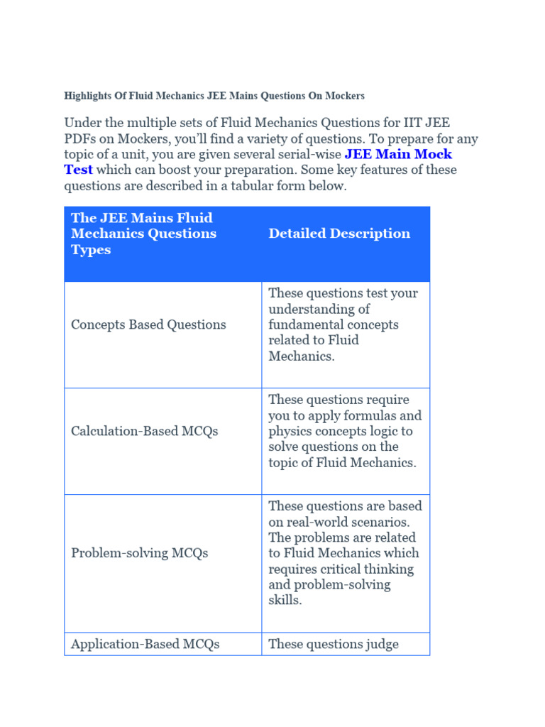 Highlights of Fluid Mechanics JEE Mains Questions On Mockers | PDF ...