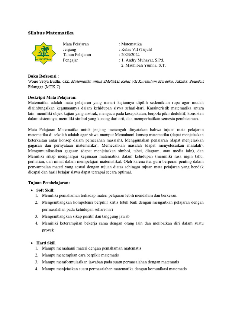 Silabus Matematika Kelas 7 Kurikulum Merdeka TA 2024-2025 | PDF