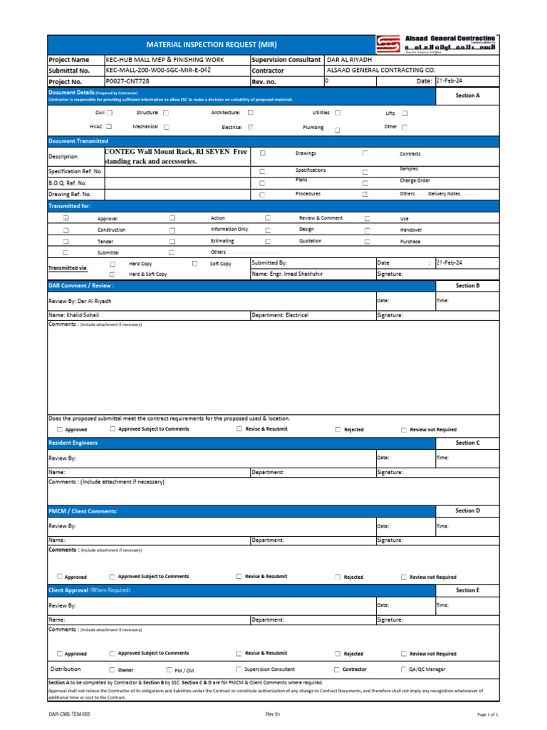 Material Inspection Request for MEP Project | PDF | Door | Electrical ...