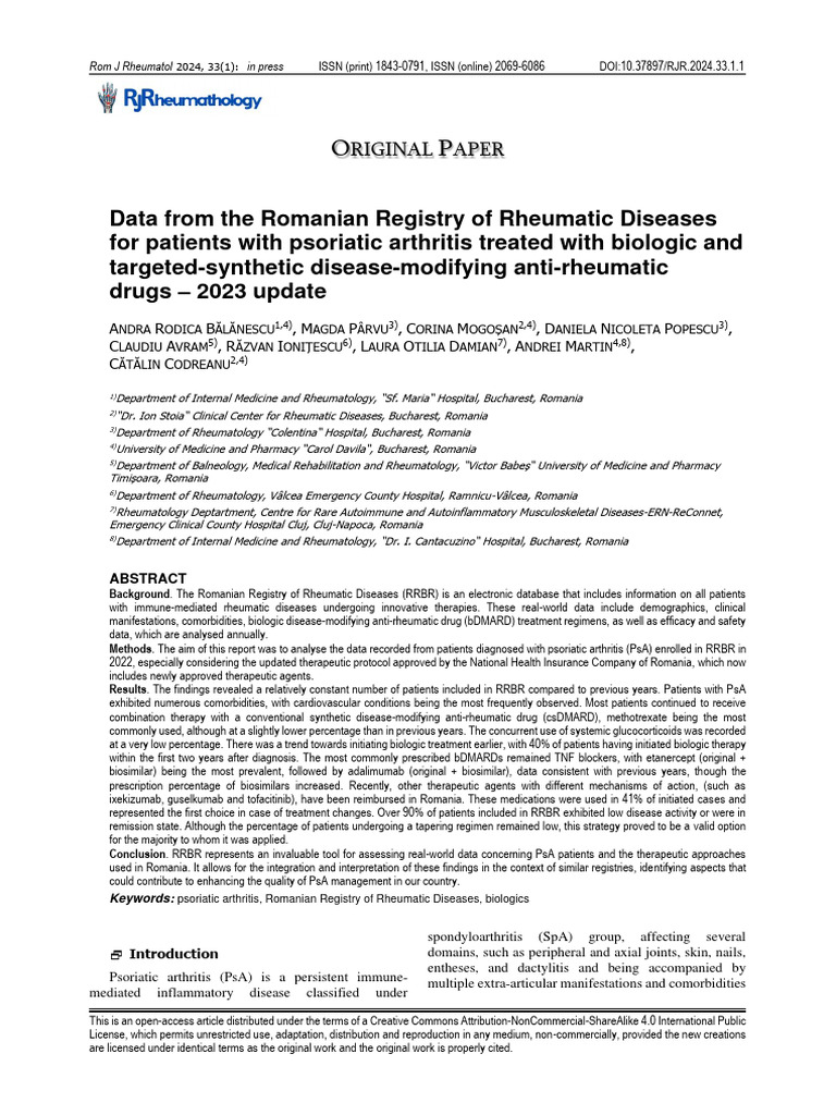 Data from the Romanian Registry of Rheumatic Diseases for patients with ...