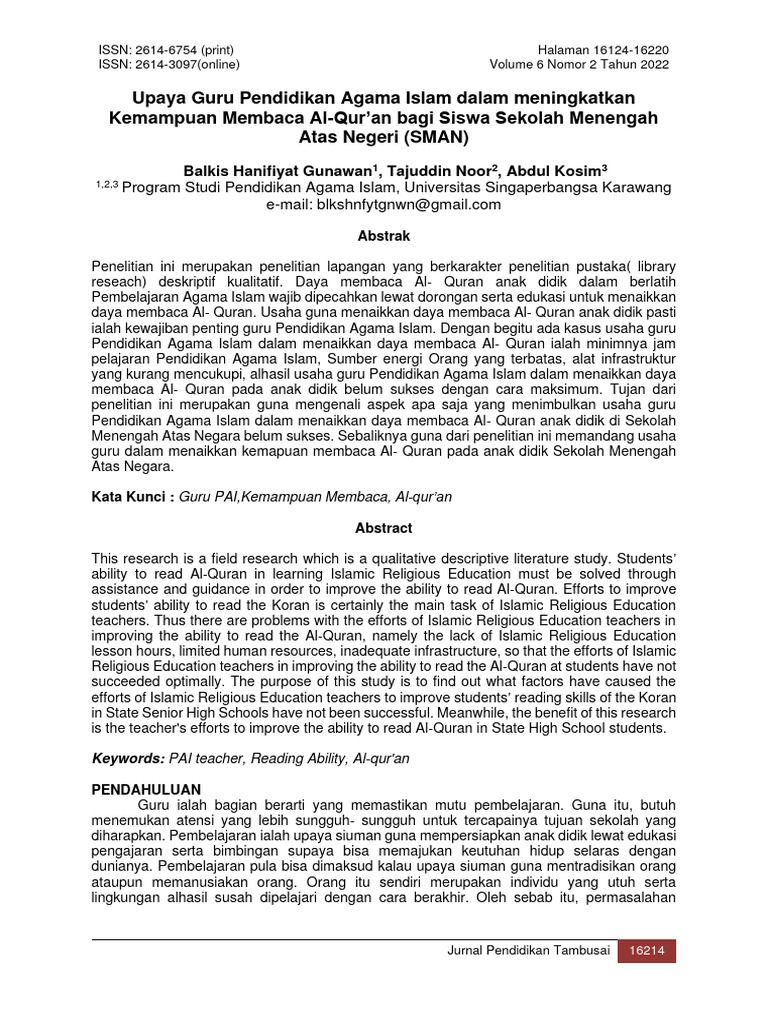Upaya Guru Pendidikan Agama Islam Dalam Meningkatkan Kemampuan Membaca Al-Qur'an Bagi Siswa ...