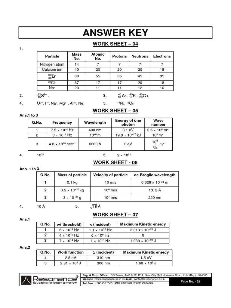 ANSWER KEY Work Sheet ATS | PDF | Atomic Orbital | Applied And ...