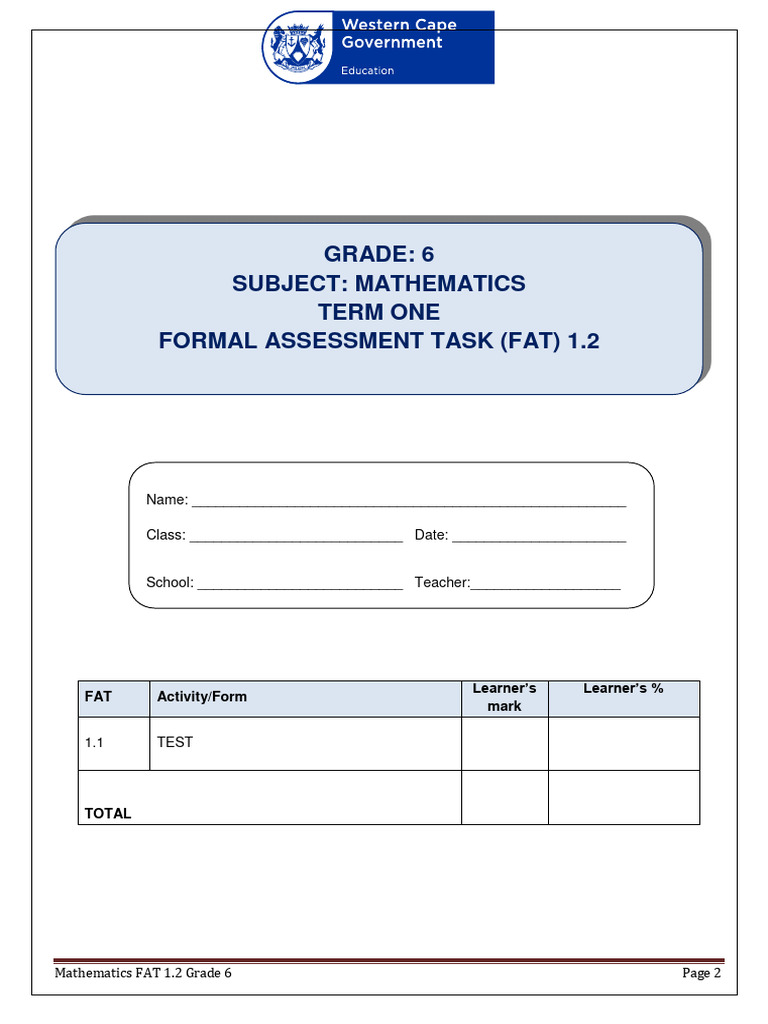 Grade 6 Maths Term 1 Test Paper | PDF | Question | Mathematics