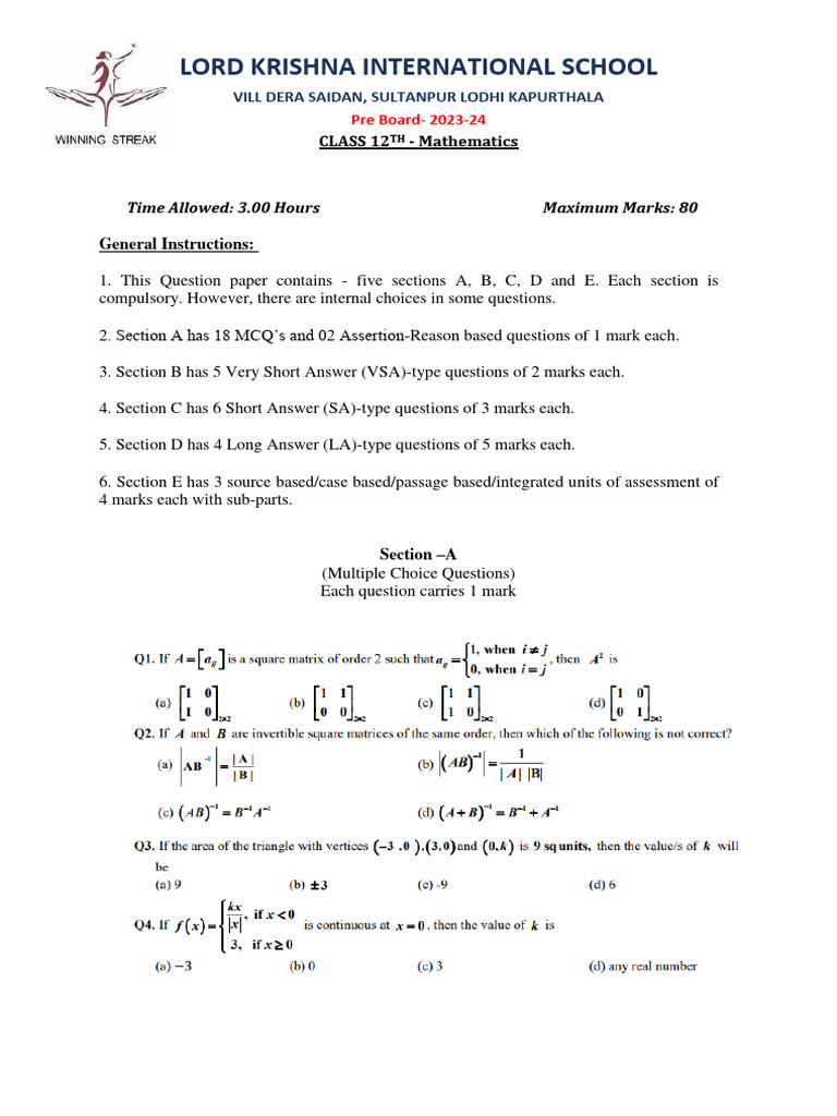 EXAM 12th - Pre Board - Mathematics | PDF | Teaching Methods & Materials