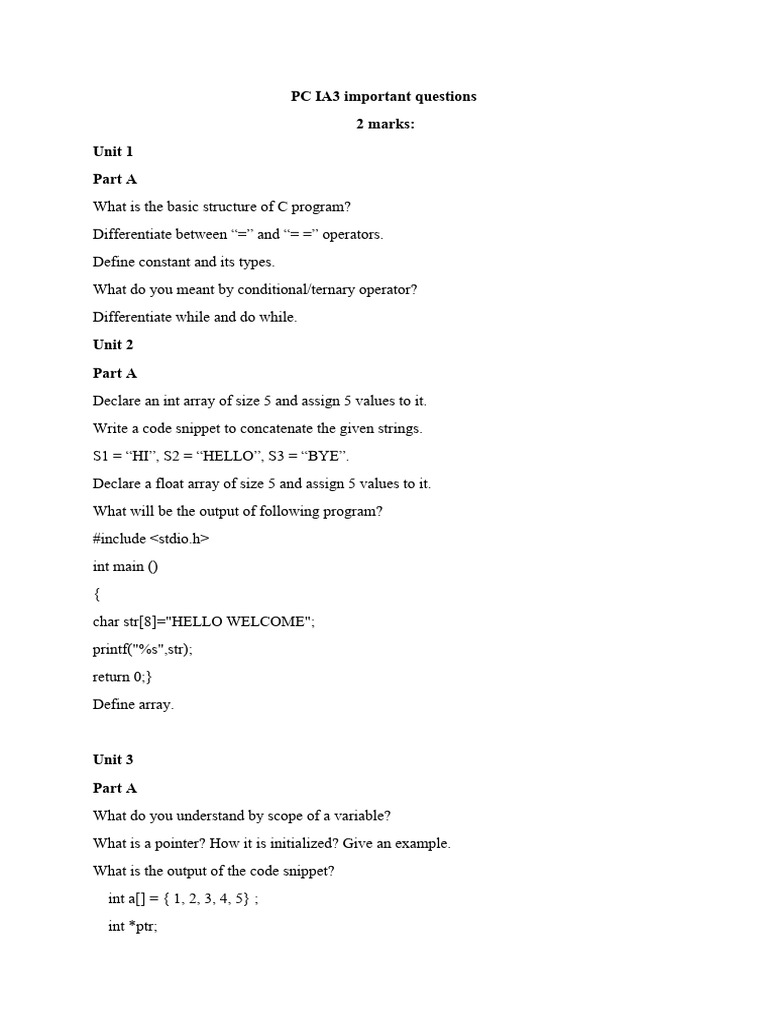 Pc Ia3 Important Questions Pdf C Programming Language Pointer Computer Programming