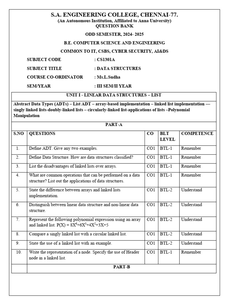 Question Bank Data Structures - 24 - 25 - Odd | PDF | Theoretical Computer Science | Computer ...