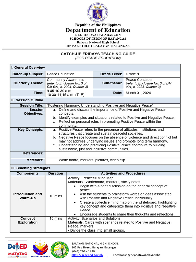 CATCH UP FRIDAYS TEACHING GUIDE Peace Education | PDF | Peace | Cognition