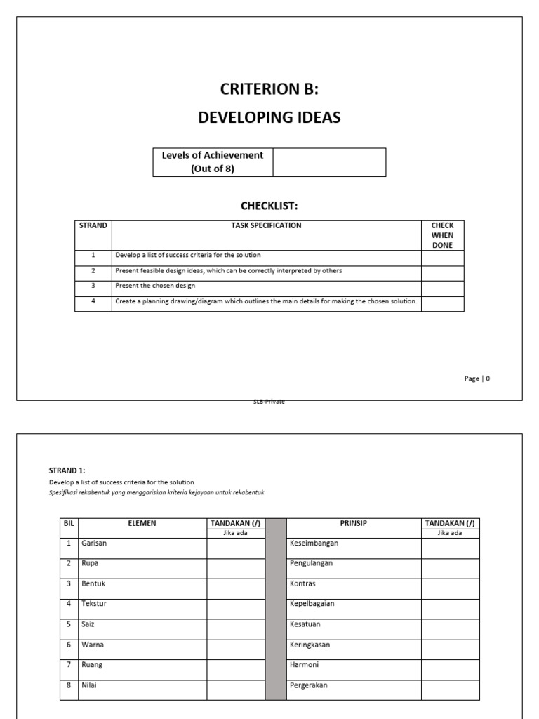 Criterion B: Developing Ideas: Checklist | PDF