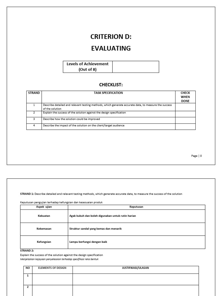 Criterion D: Evaluating: Checklist | PDF | Learning | Cognition