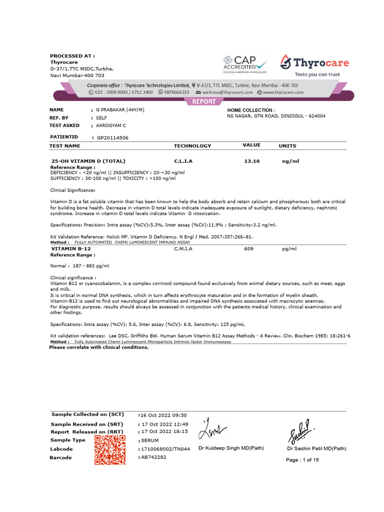 Thyrocare Lab Report: Vitamin & Protein Levels | PDF | Creatinine | Medical Specialties