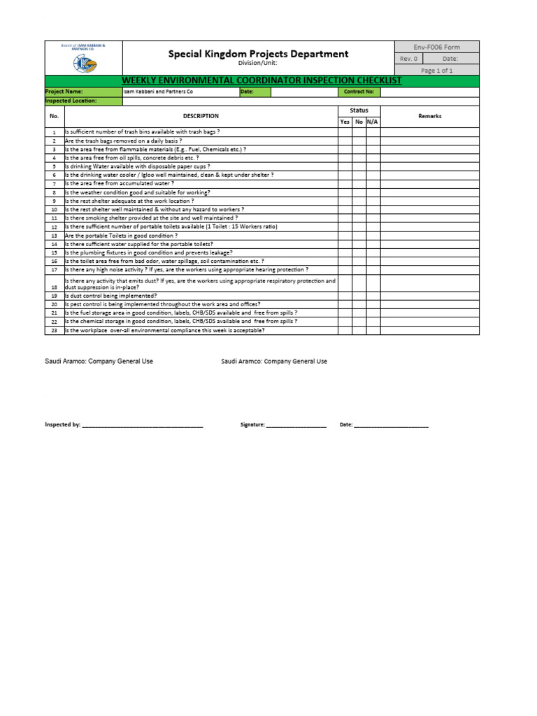 Env-F006 EC Weekly Inscpection Checklist | PDF | Waste | Drinking Water