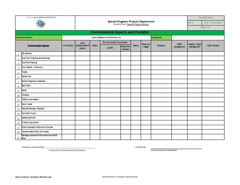 Env-F002 Environmental Aspects Checklist | PDF | Waste Management ...