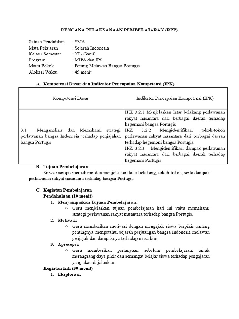Contoh RENCANA PELAKSANAAN PEMBELAJARAN (RPP) | PDF