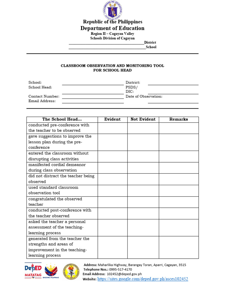 CLASSROOM OBSERVATION AND MONITORING TOOL Copy 1ASCES | PDF | Teachers ...