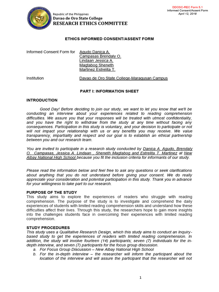 Lr Ddosc Rec Form 5 1 Informed Consent Assent Form 13 Pdf Focus Group Informed Consent