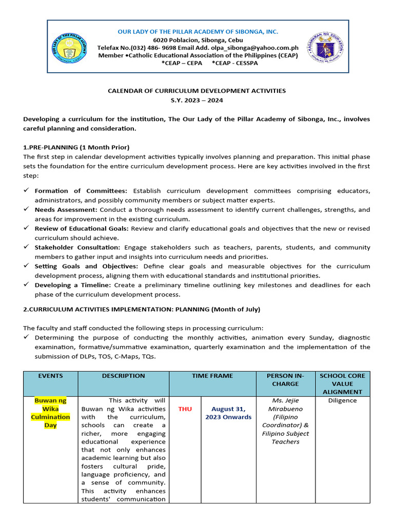 Curriculum Development Calendar 2023-24 | PDF | Educational Assessment ...