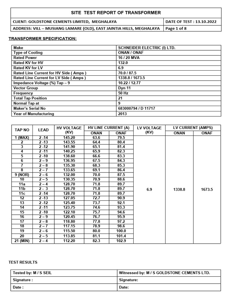 Goldstone Cement Test Report at Site | PDF | Transformer | Voltage