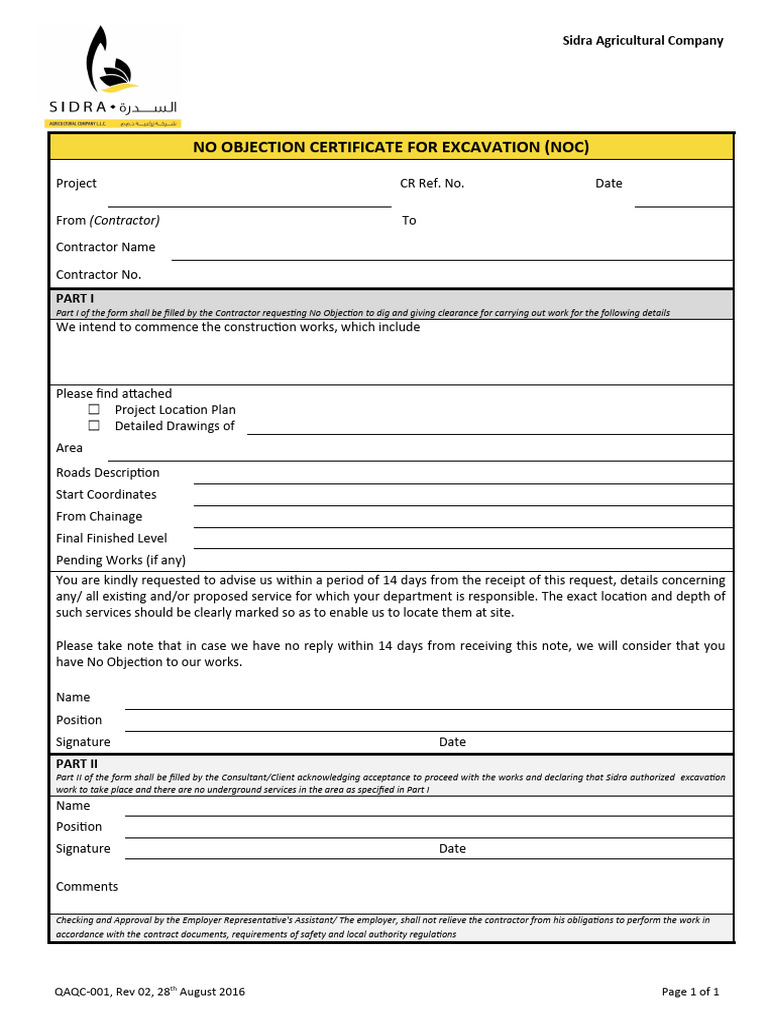 QAQC-001 No Objection Certificate For Excavation | PDF