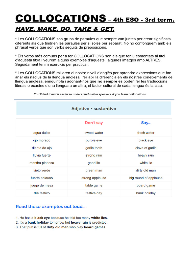 Collocations 4th Eso 3rd Term | PDF | Preposition And Postposition | Verb