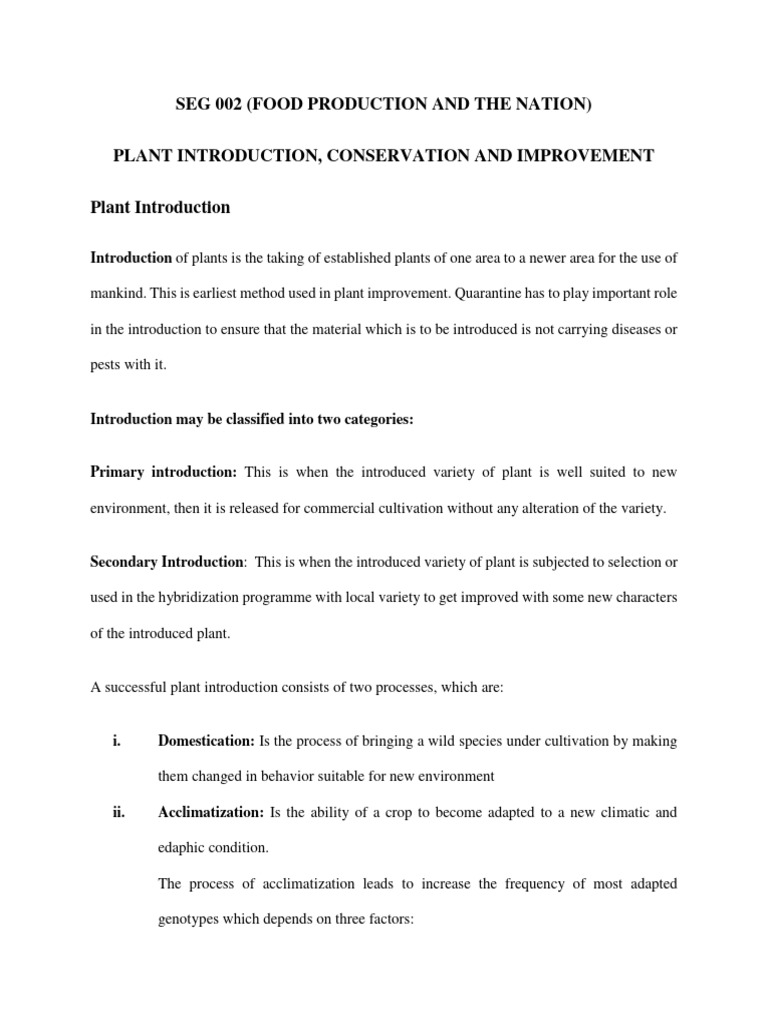 PLANT INTRODUCTION, CONSERVATION AND IMPROVEMENT | PDF | Plant Breeding ...