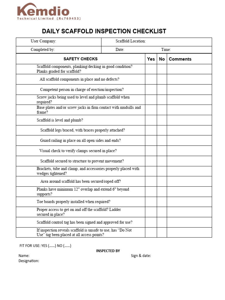 Kemdio Scaffolding Checklist | PDF