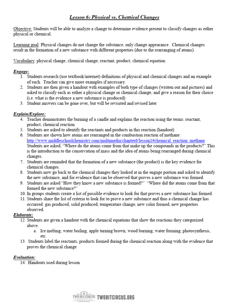 8th Grade Chemistry 5e Lesson Plans Educator 9 Lesson6 | PDF | Chemical ...