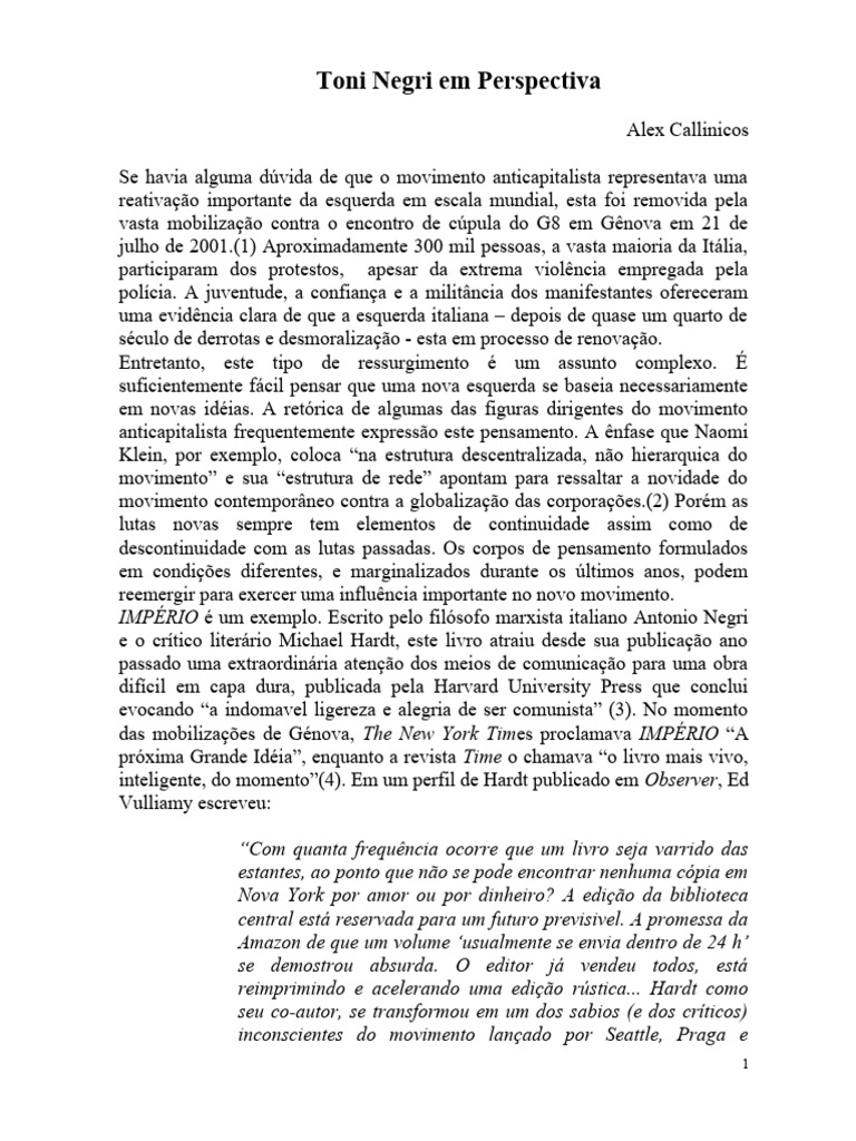 Callinicos, Alex - Negri em Perspectiva 1 | PDF | Marxismo | Comunismo