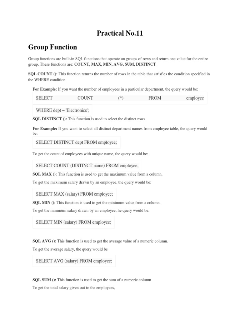Practical No 8 Group Function | PDF | Computing | Sql