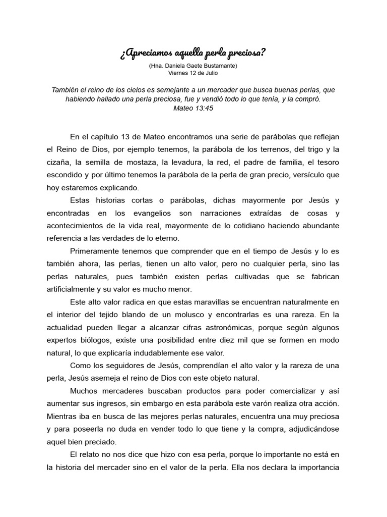 Apreciamos Aquella Perla Preciosa | PDF | Perla | Parábolas de Jesús