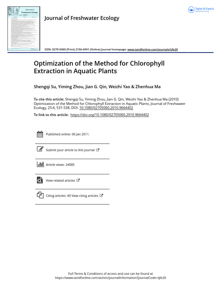 Optimization of the Method for Chlorophyll Extraction in Aquatic Plants | PDF