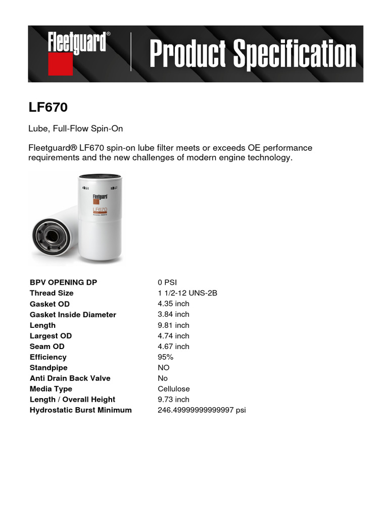 Fleetguard LF670 Spin-On Lube Filter | PDF