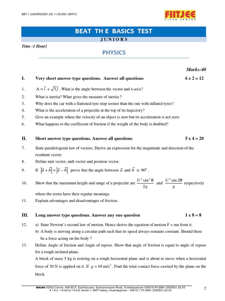 11.09.21 Juniors BBT-1 - Physics | PDF | Force | Classical Mechanics