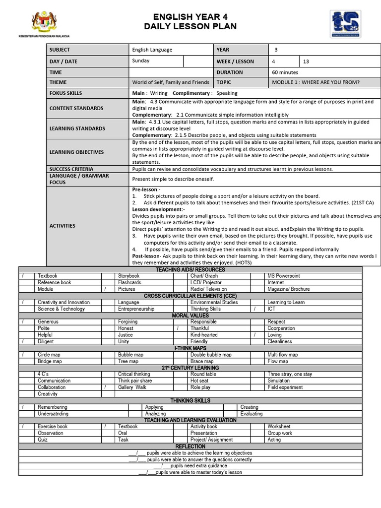 English Year 4 Daily Lesson Plan | PDF | Learning | Communication