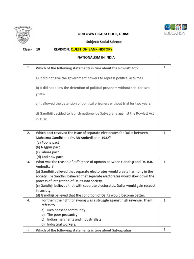 Question Bank History - Nationalism in India | PDF | Mahatma Gandhi ...