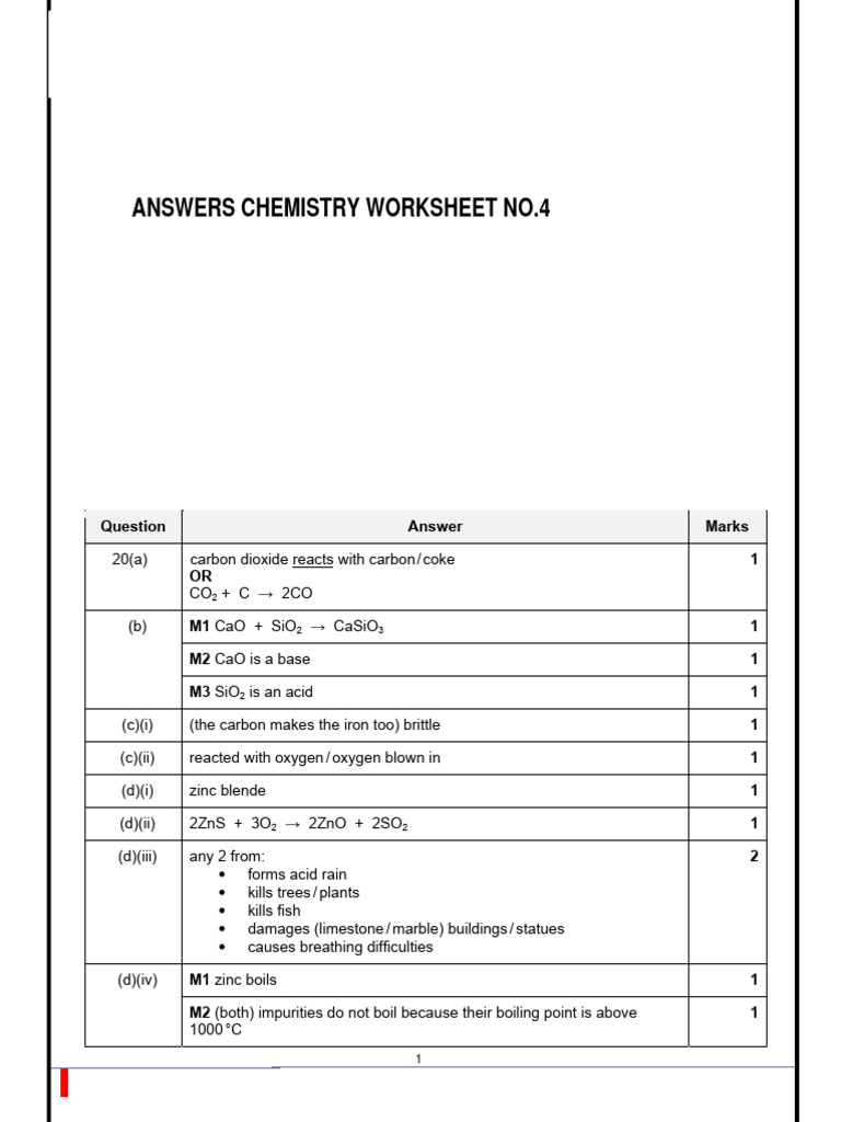 Chemistry Worksheet Answers Summary | PDF | Oxide | Carbon Dioxide