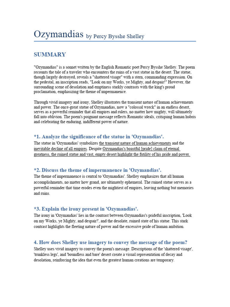 Ozymandias: Themes and Analysis | PDF | Poetry | Stanzaic Form