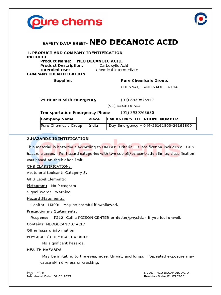 NEO DECANOIC ACID MSDS | PDF | Firefighting | Personal Protective Equipment