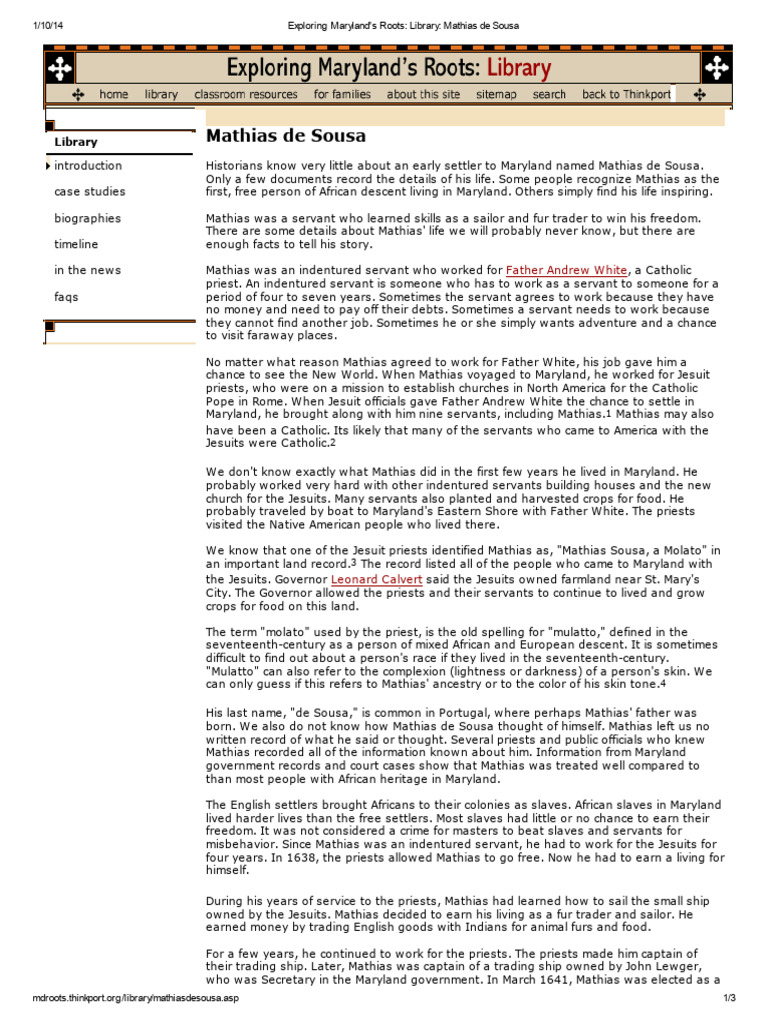 Exploring Maryland's Roots - Library - Mathias de Sousa | PDF ...