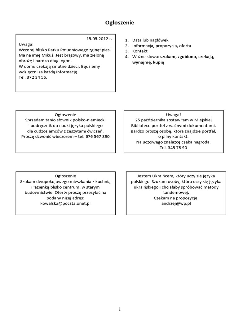 Ogłoszenie Charakterystyka List Prywatny | PDF