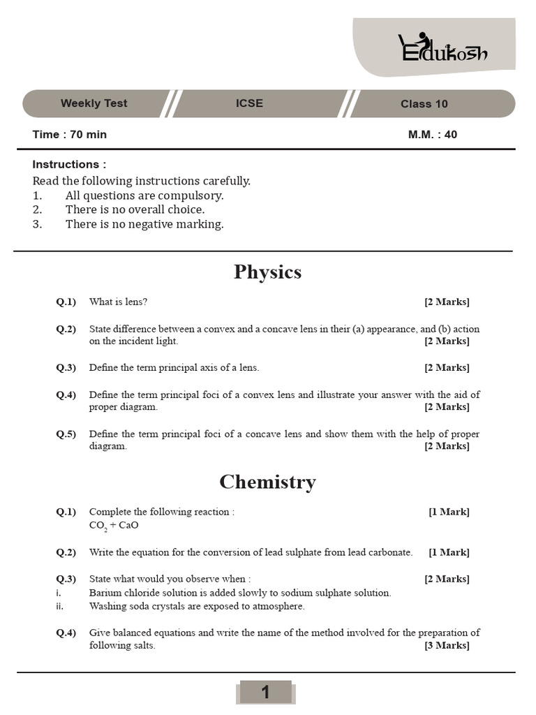ICSE Class 10 Weekly Test Paper | PDF | Sodium Carbonate | Chemical ...