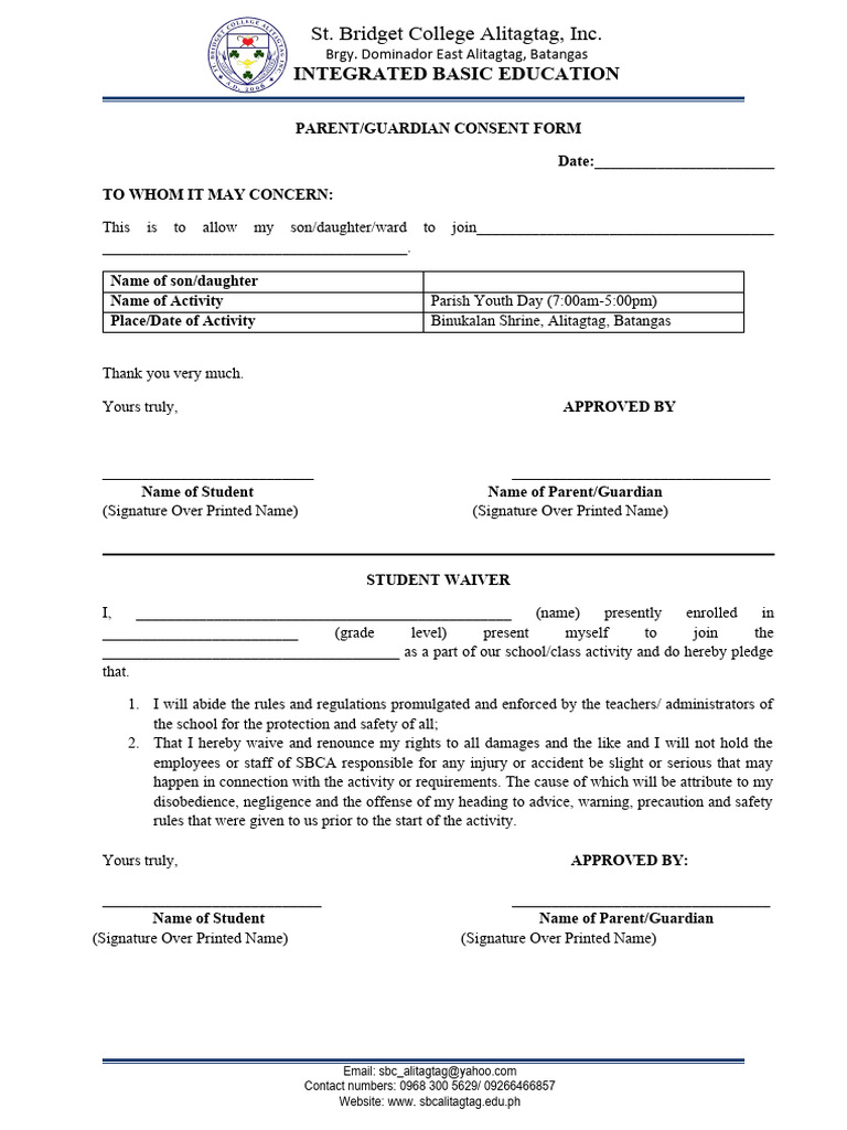 Parent Consent and Student Waiver Form | PDF | Wellness